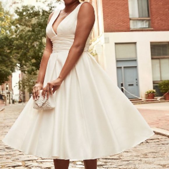 David's Bridal | Dresses | Db Studio Satin Vneck Tea Length Aline Dress ...
